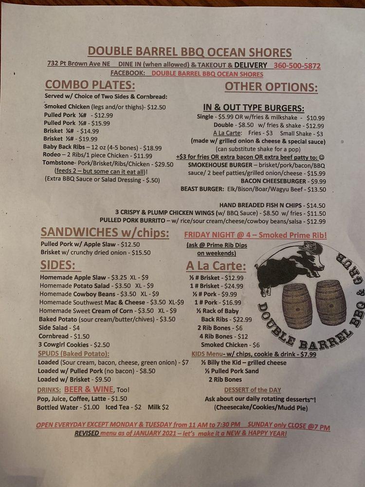 Menu at Double Barrel BBQ, Ocean Shores