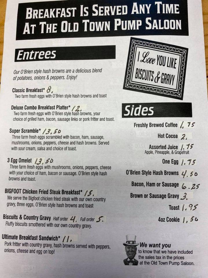 Menu at Old Town Pump Saloon pub & bar, Union Gap