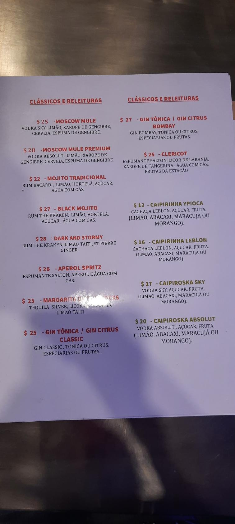 Menu at Zero 3 Bar, Fortaleza