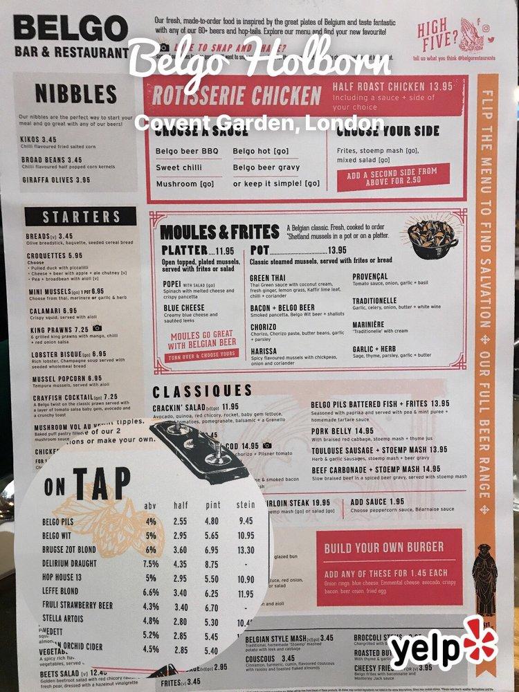 Menu at Belgo pub & bar, London, 67 Kingsway