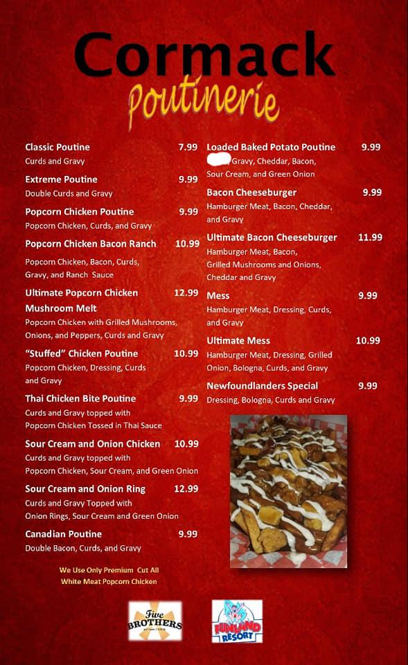 Menu at Cormack Poutinerie restaurant, Cormack, 34 Veterans Dr