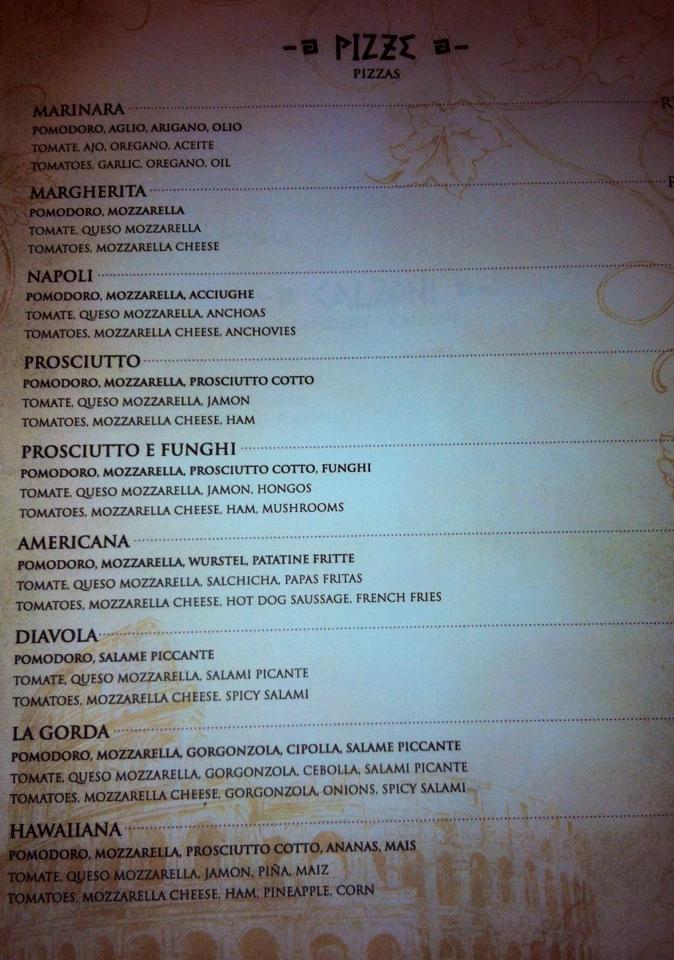 Carta del restaurante IL Colosseo, Punta Cana
