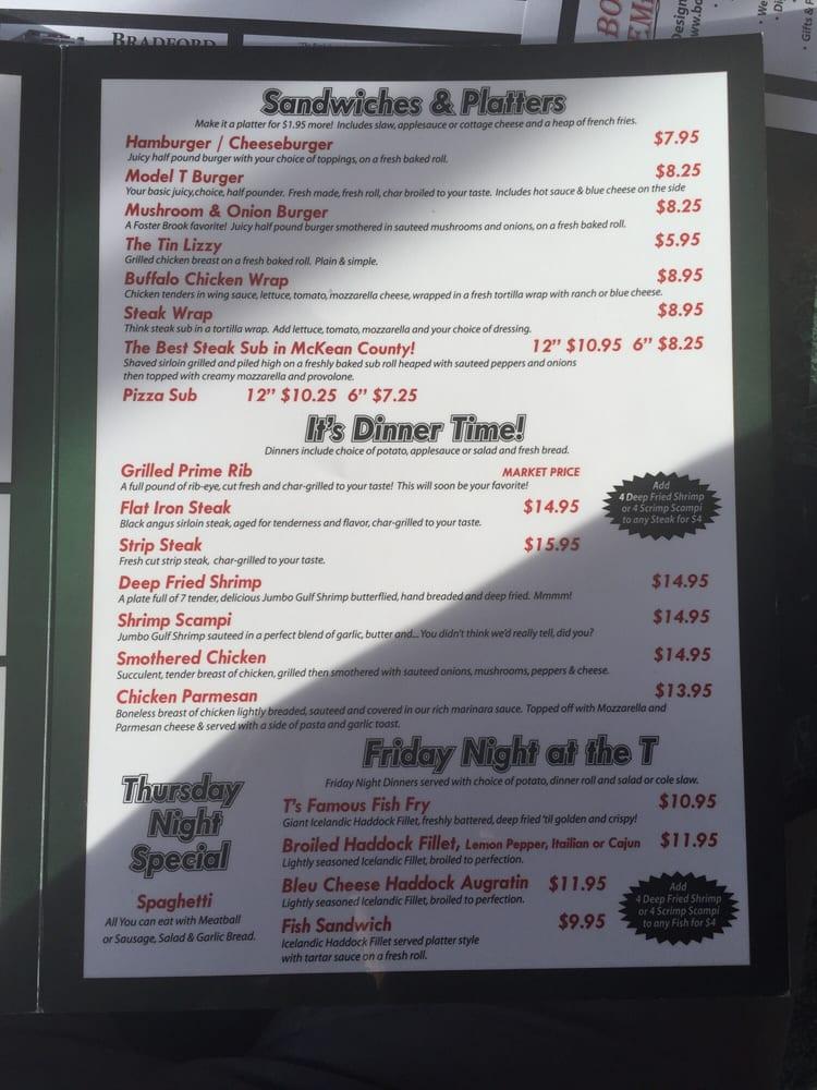 Menu at Model T Inn pub & bar, Derrick City, 555 Derrick Rd