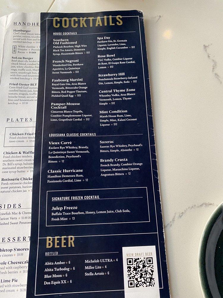 Menu at SoLou restaurant, Baton Rouge