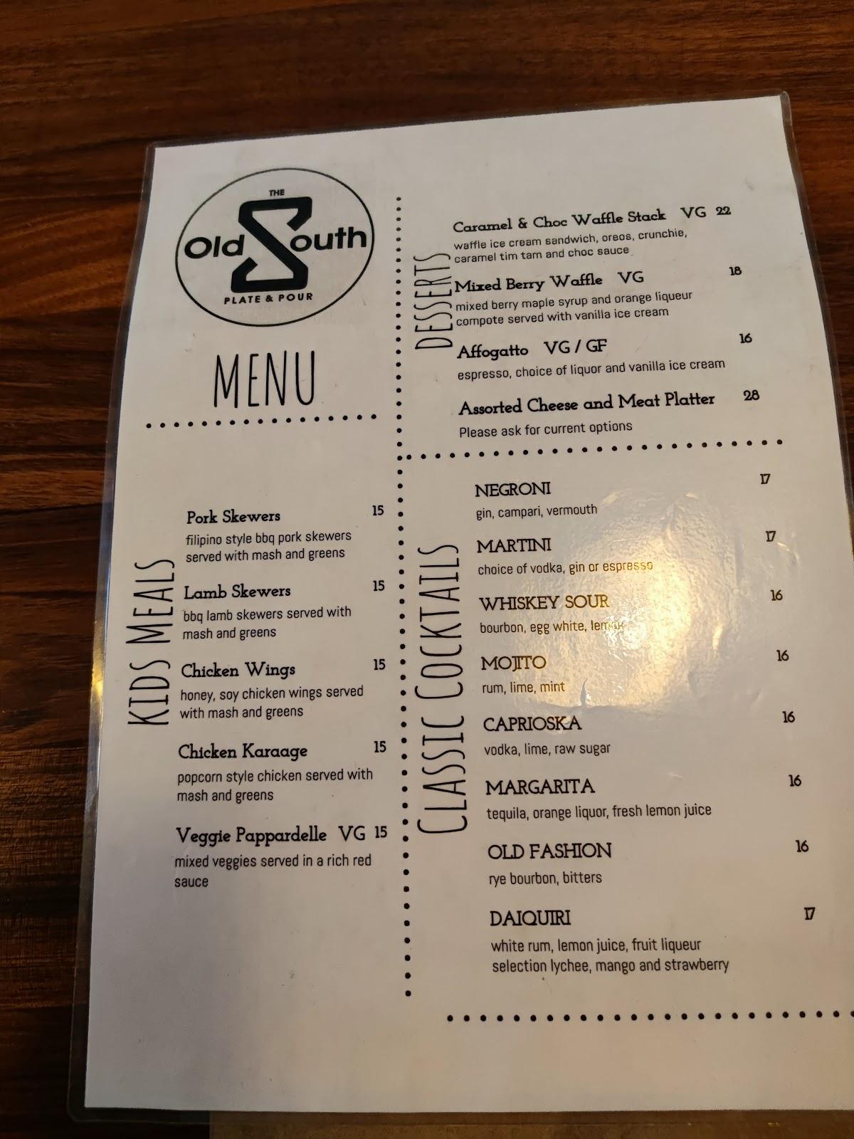 Menu at The Old South restaurant, Thirroul