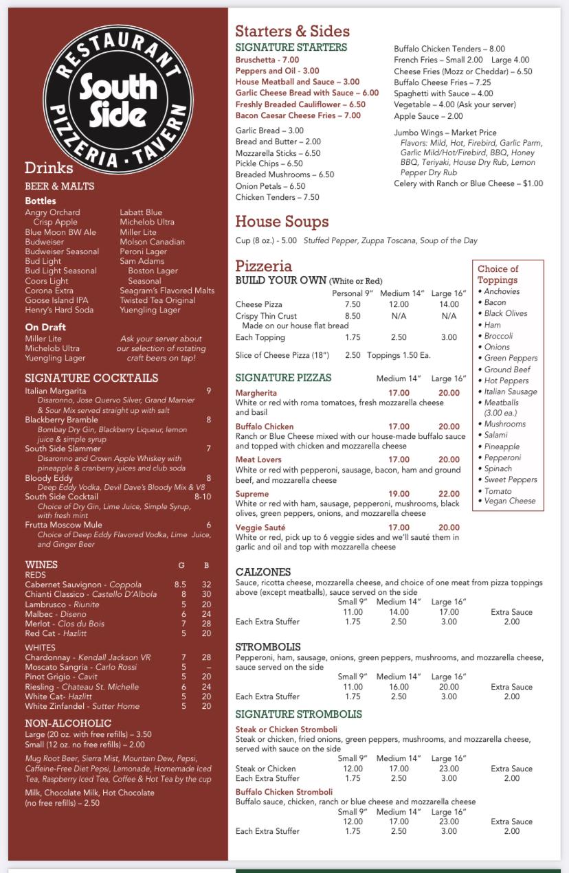 Menu at The South Side Restaurant, Pizzeria, and Tavern, South Williamsport