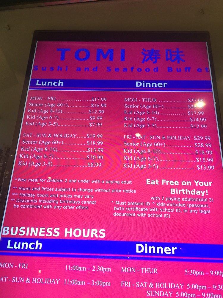 Menu at Tomi Sushi & Seafood Buffet restaurant, San Jose, Eastridge ...