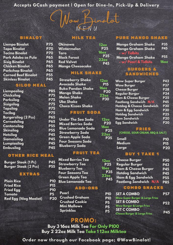Menu at Wow! Binalot restaurant, Manila