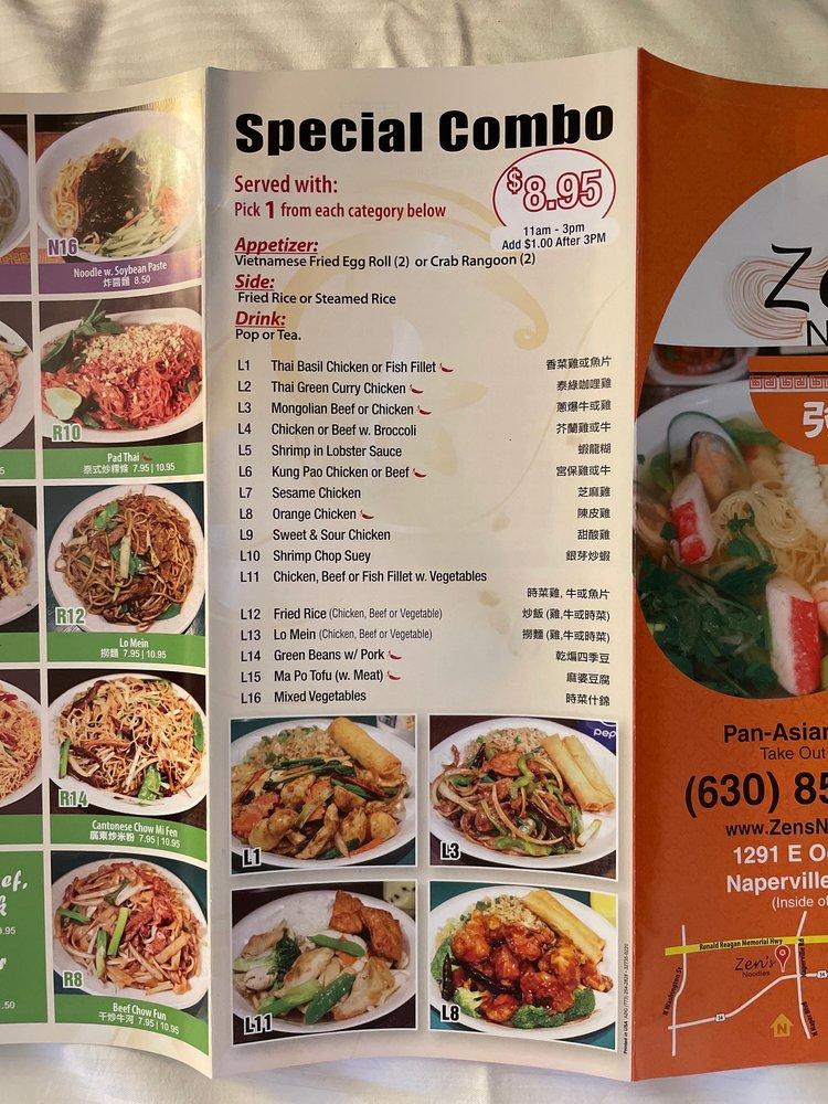 Menu at Zen's Noodles restaurant, Naperville