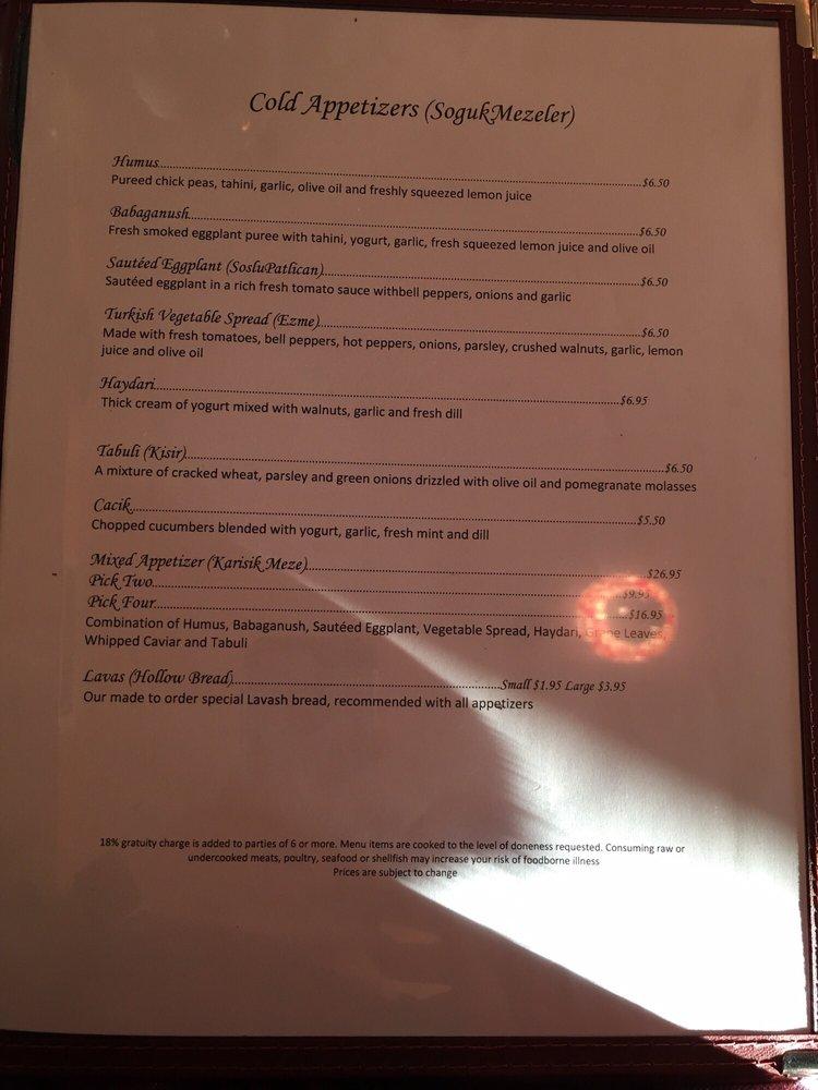 Menu at Zeytin Turkish Cuisine restaurant, Orlando