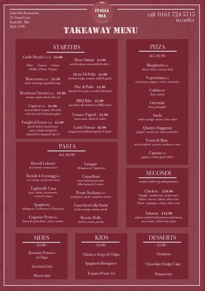 Menu at Italia Mia restaurant, Manchester