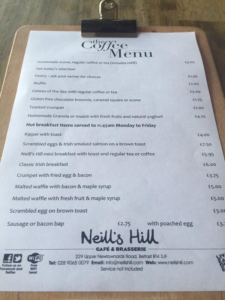 Menu at Neill's Hill Brasserie restaurant, Belfast