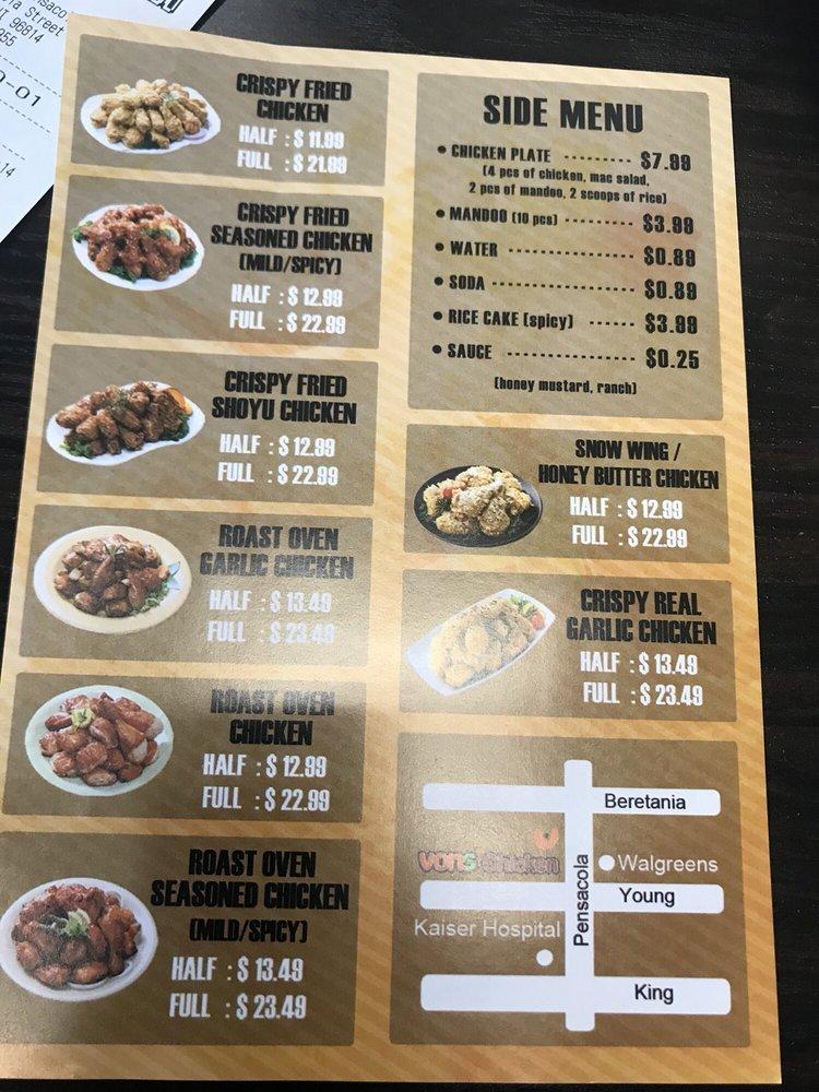 Menu at Vons Chicken restaurant, Honolulu, Pensacola St
