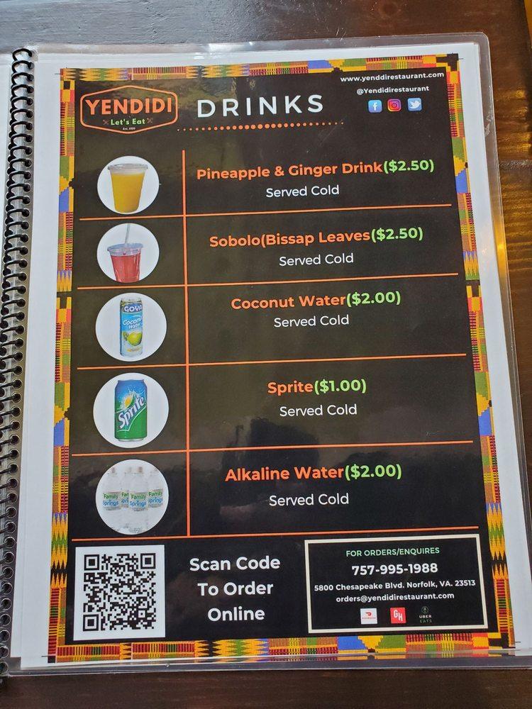 Menu at Yendidi Norfolk restaurant, Norfolk