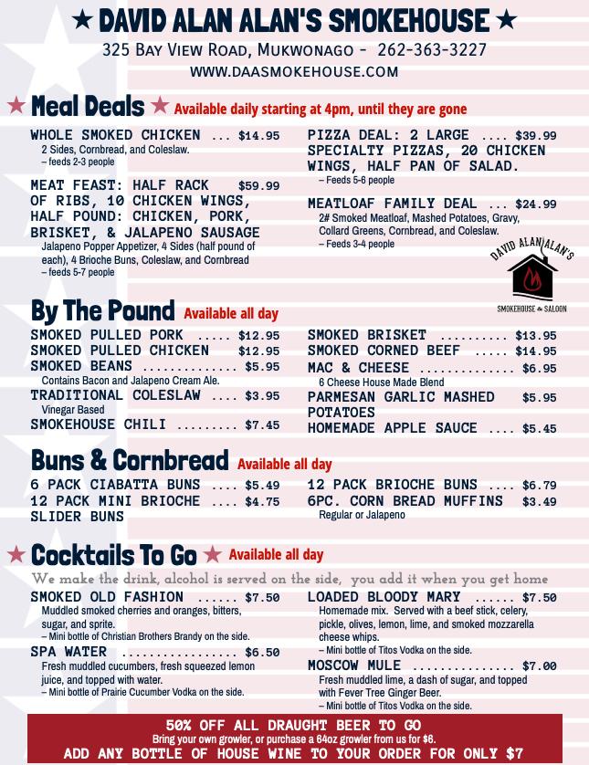 Menu at David Alan Alan's Smokehouse & Saloon restaurant, Mukwonago