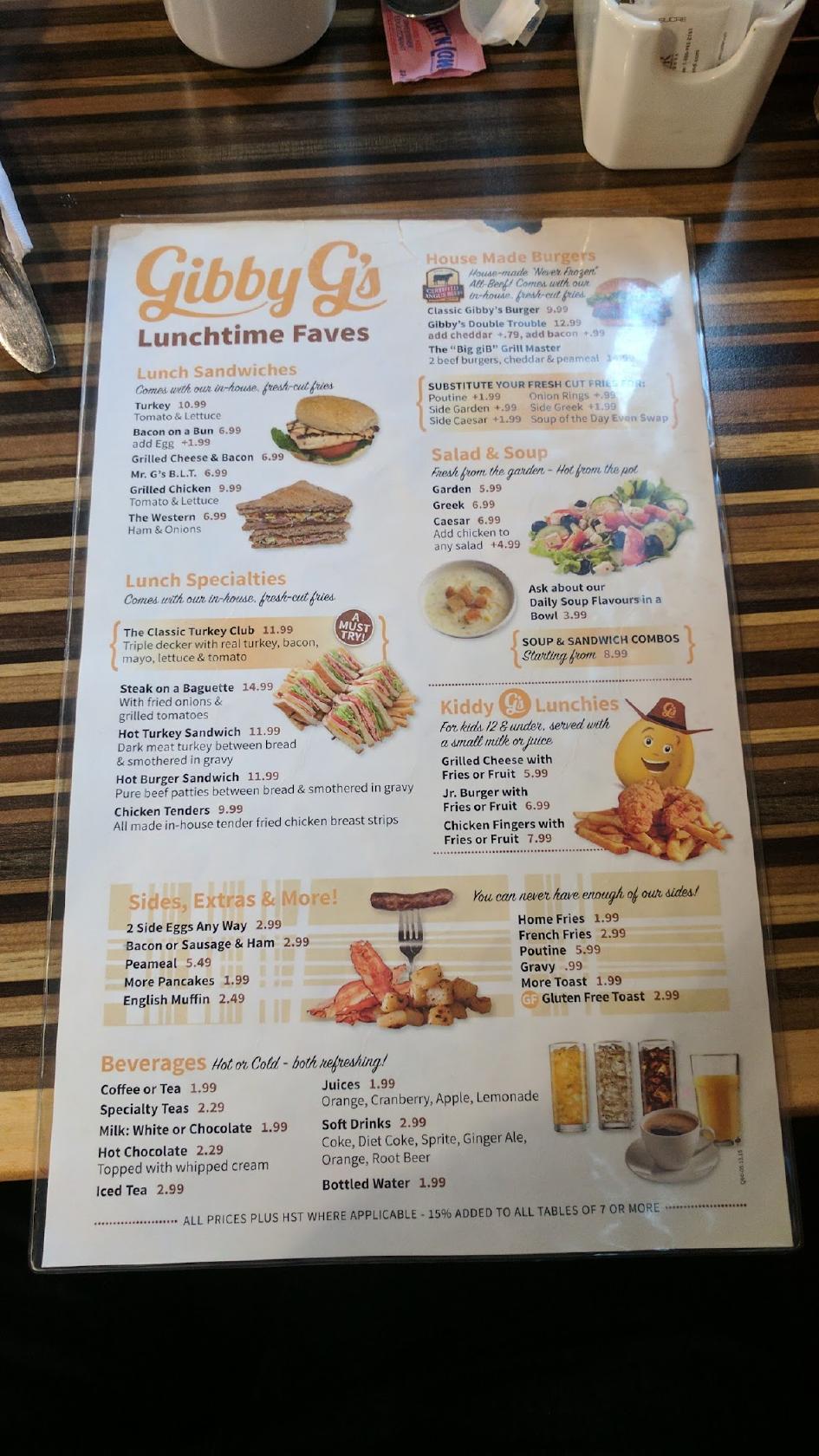 Menu at Gibby G's restaurant, Barrie, 489 Yonge St