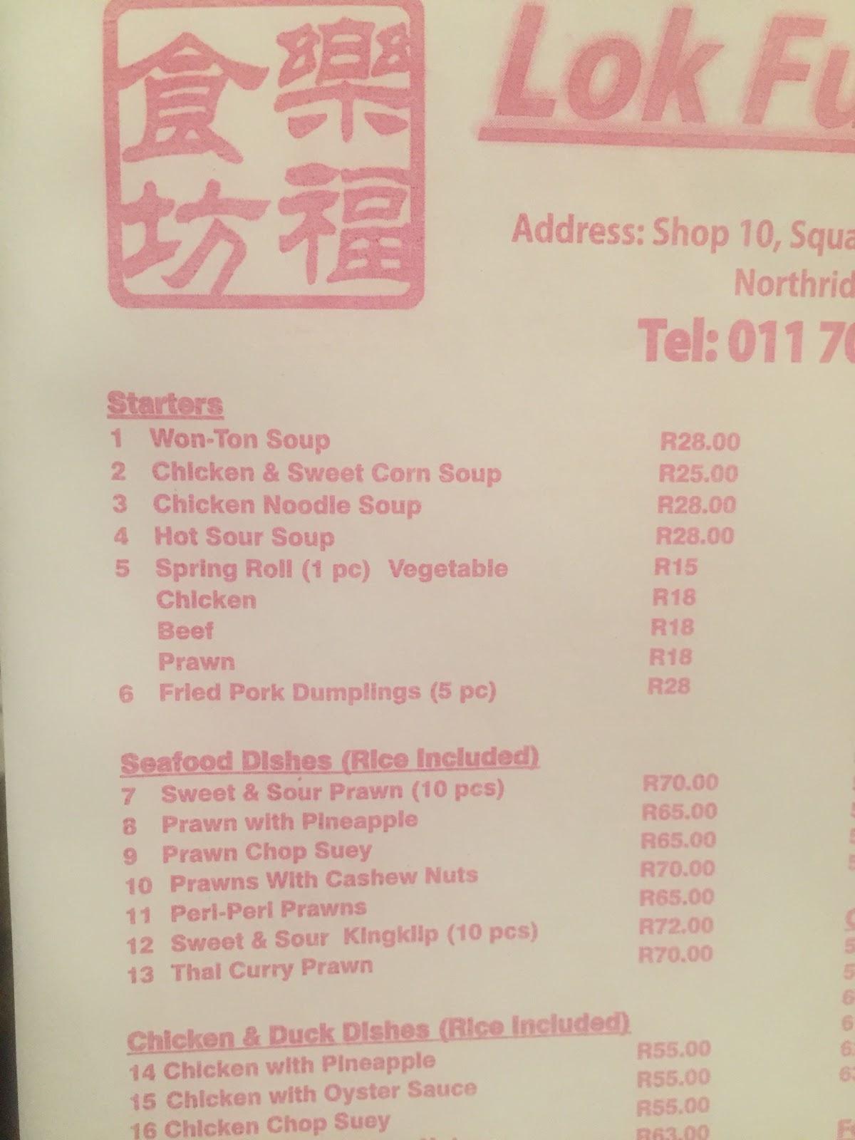 Menu at Lok Fu Northriding restaurant, Johannesburg