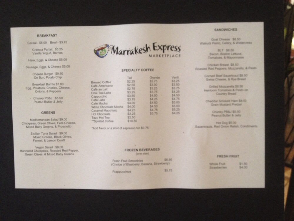 Menu at Marrakesh Express cafe, Henderson