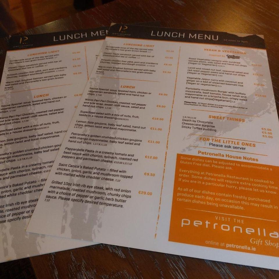 Menu at Petronella restaurant, Kilkenny