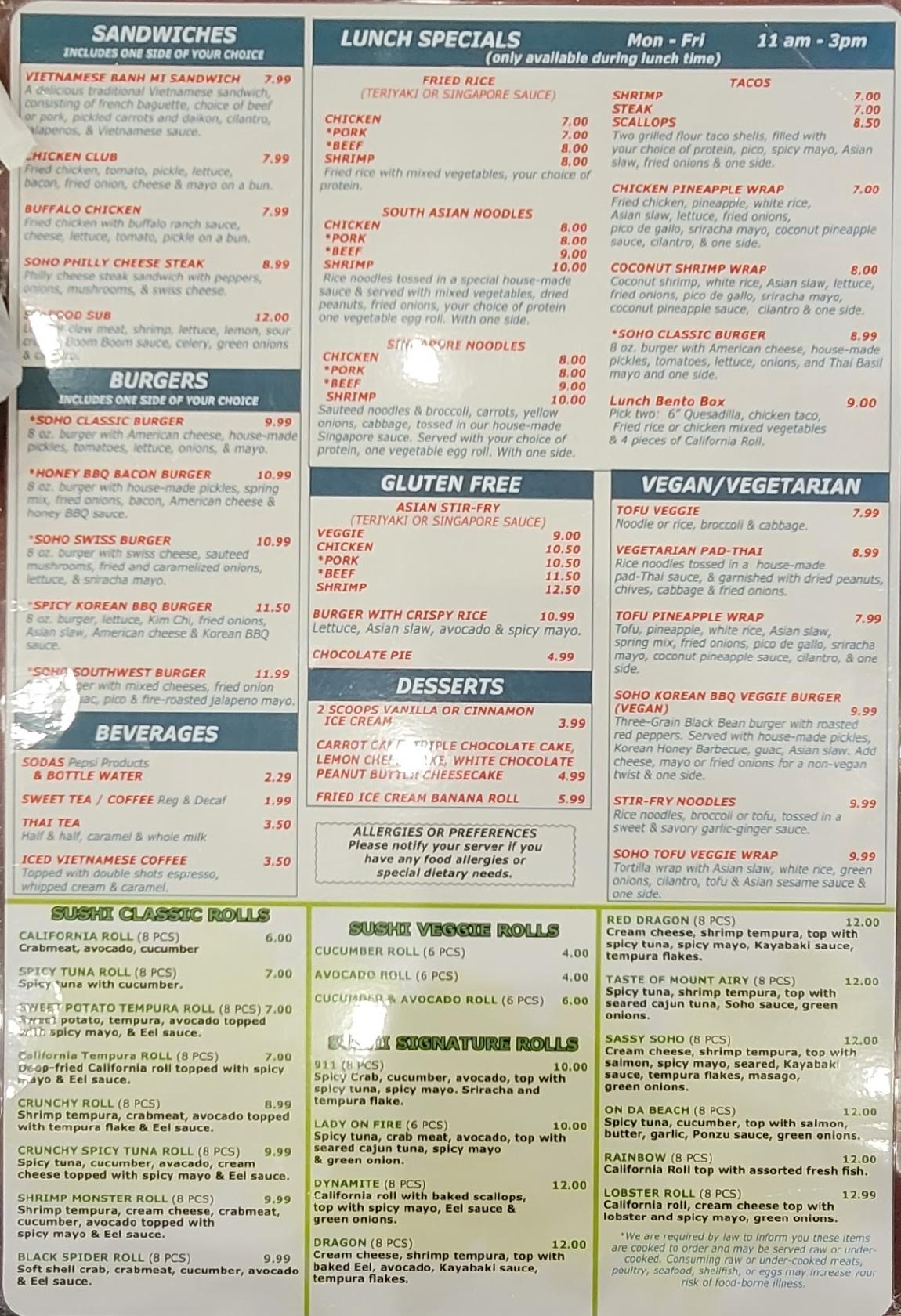 Menu at Soho Bar & Grill, Mount Airy