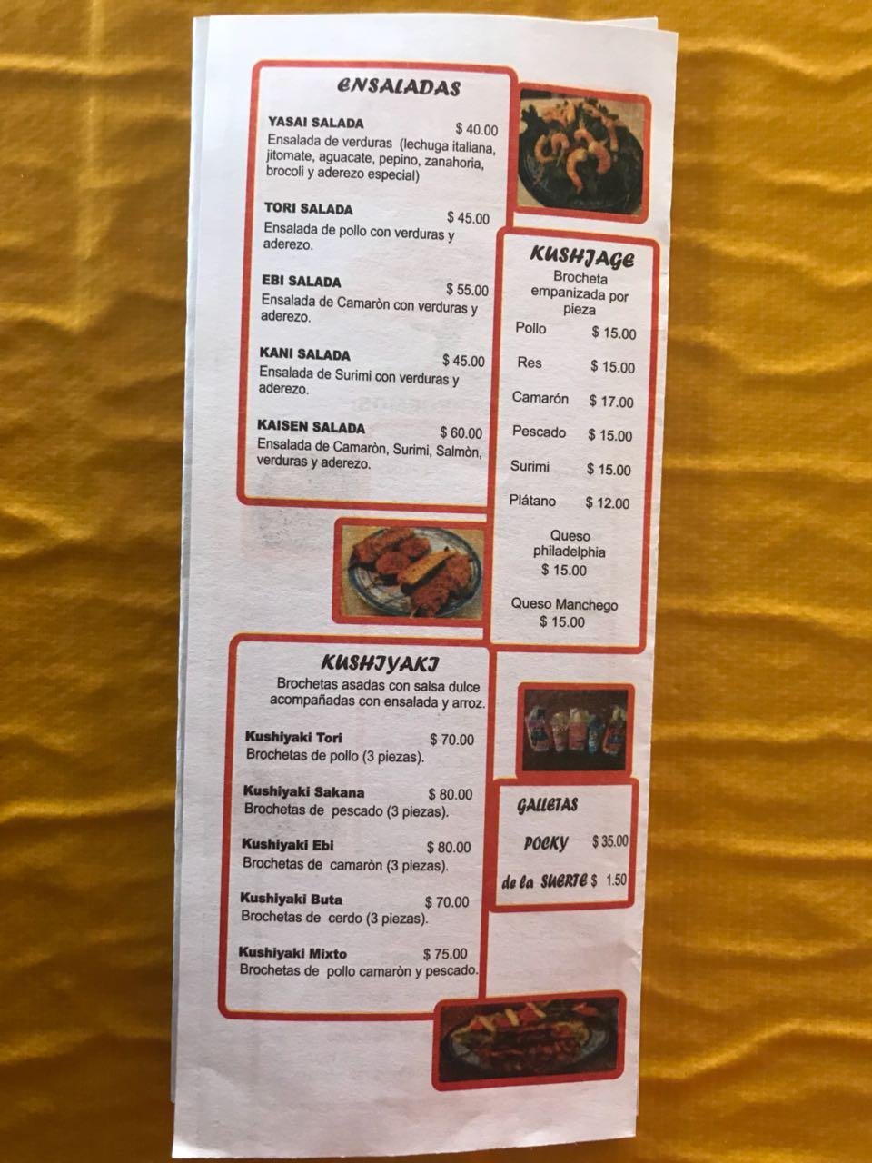 Menu at Sushi Susuki restaurant, Mexico City