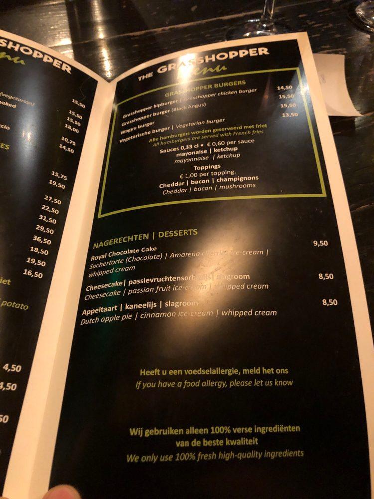 Menu at The Grasshopper, Amsterdam