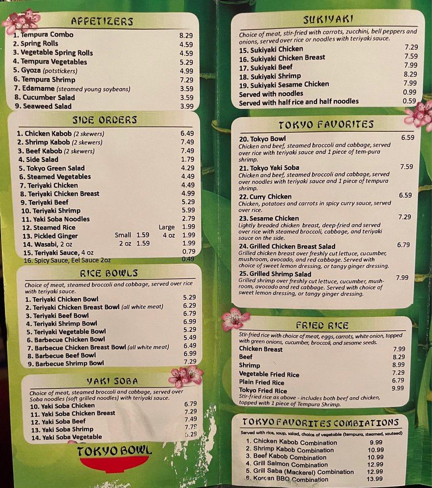 Menu at Tokyo Bowl restaurant, Porterville