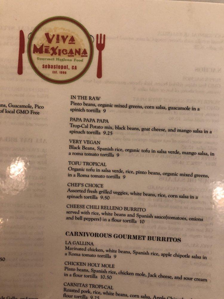 Menu at Viva Mēxicana restaurant, Sebastopol