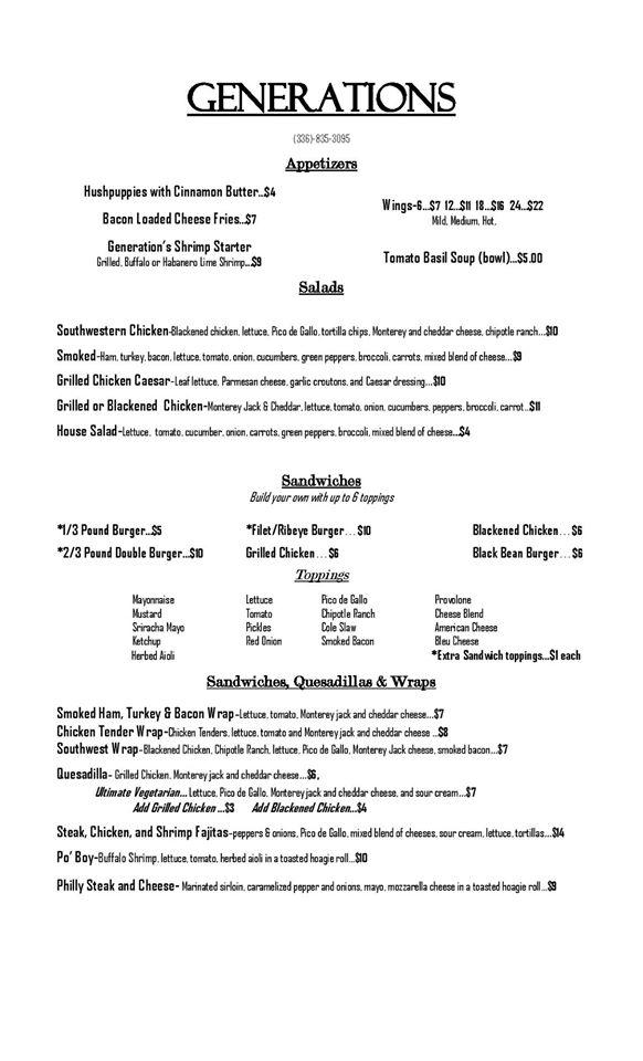 Menu at Generations Casual Dining restaurant, Jonesville