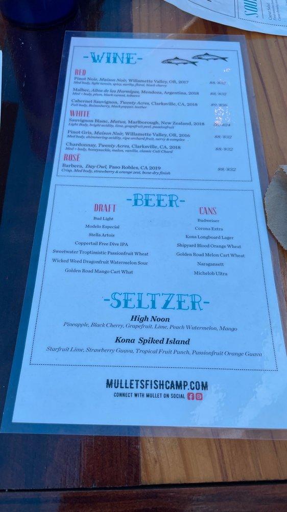 Menu at Mullet's Fish Camp restaurant, Saint Petersburg