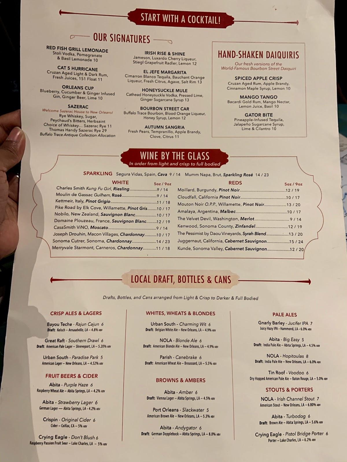 Menu at Red Fish Grill restaurant, New Orleans