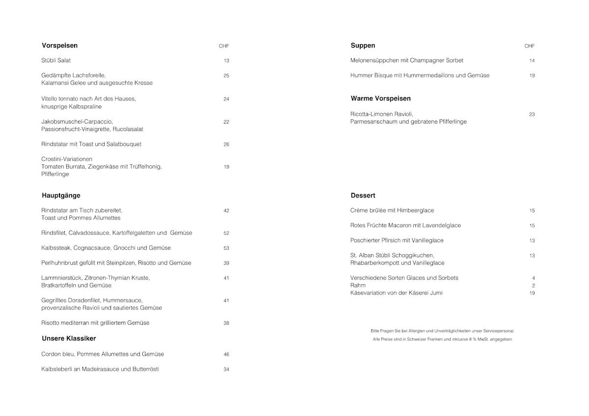 Menu at St. Alban Stübli, Basel