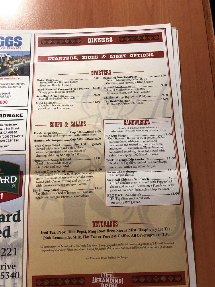Menu at The Branding Iron Restaurant, Merced