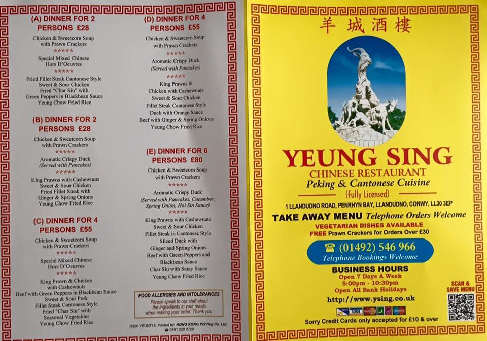 Menu at Yeung Sing Takeaway restaurant, Llandudno