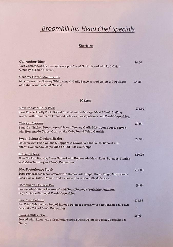 Menu at The Broomhill Inn pub & bar, Nottingham, Broomhill Rd