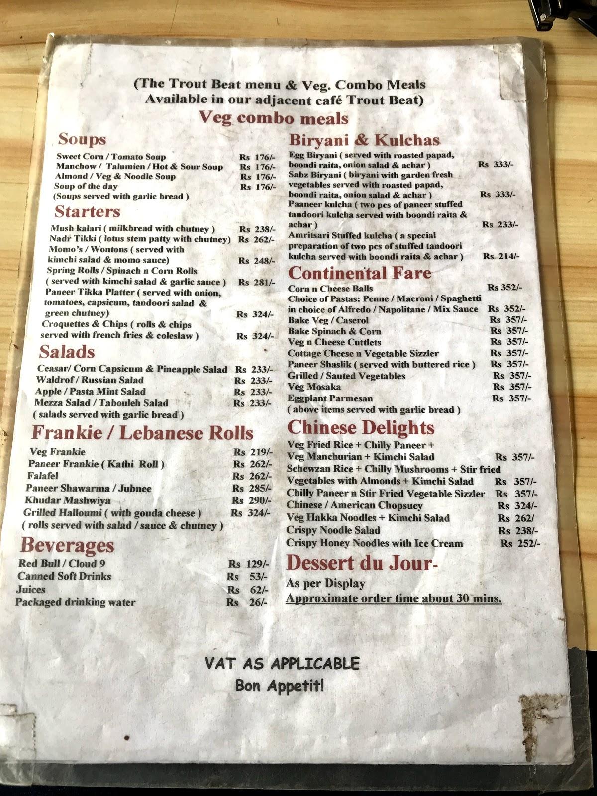 Menu at Café Log Inn, Pahalgam, +362