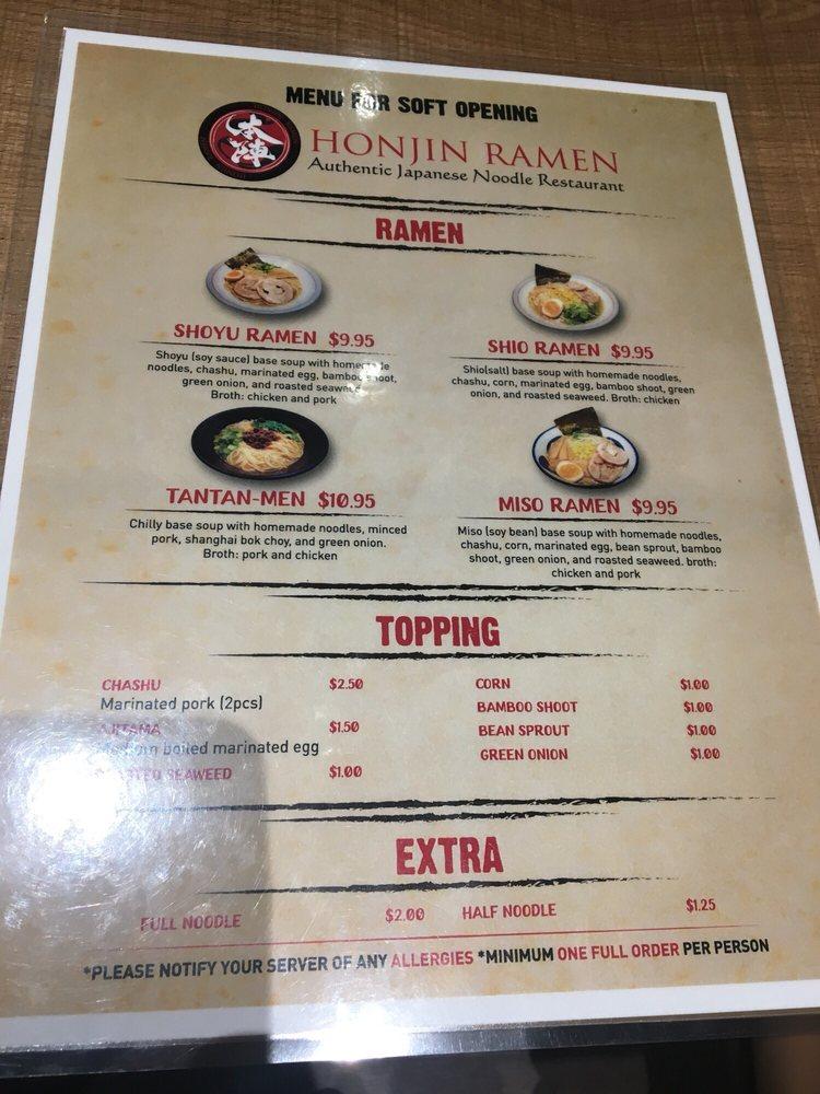 Menu at Honjin Ramen restaurant, Coquitlam