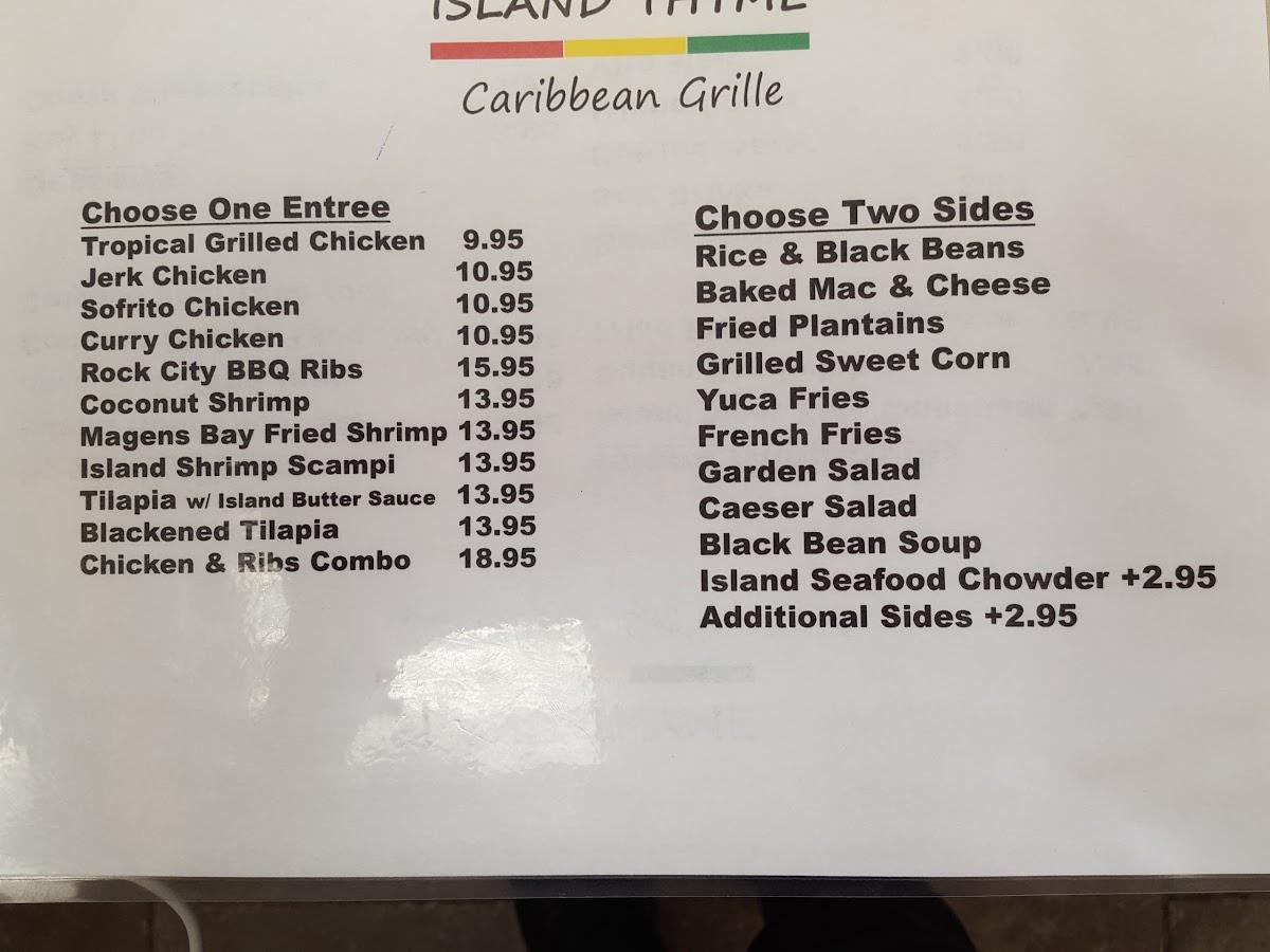 Menu at Virgin Island Thyme restaurant, Orlando