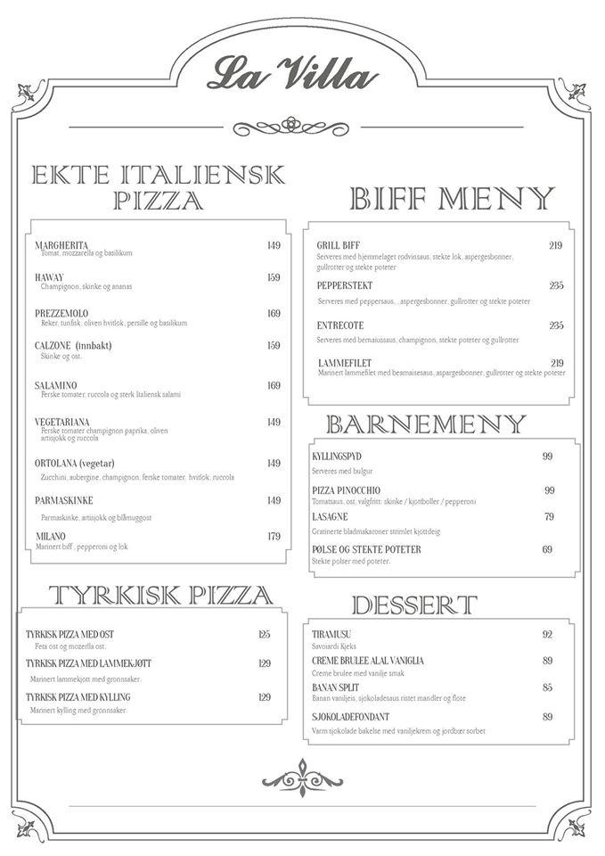 Carta de La Villa Restaurant, Oslo
