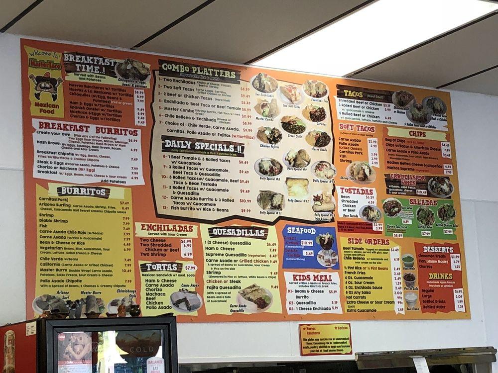 Menu at Master Taco restaurant, Surprise