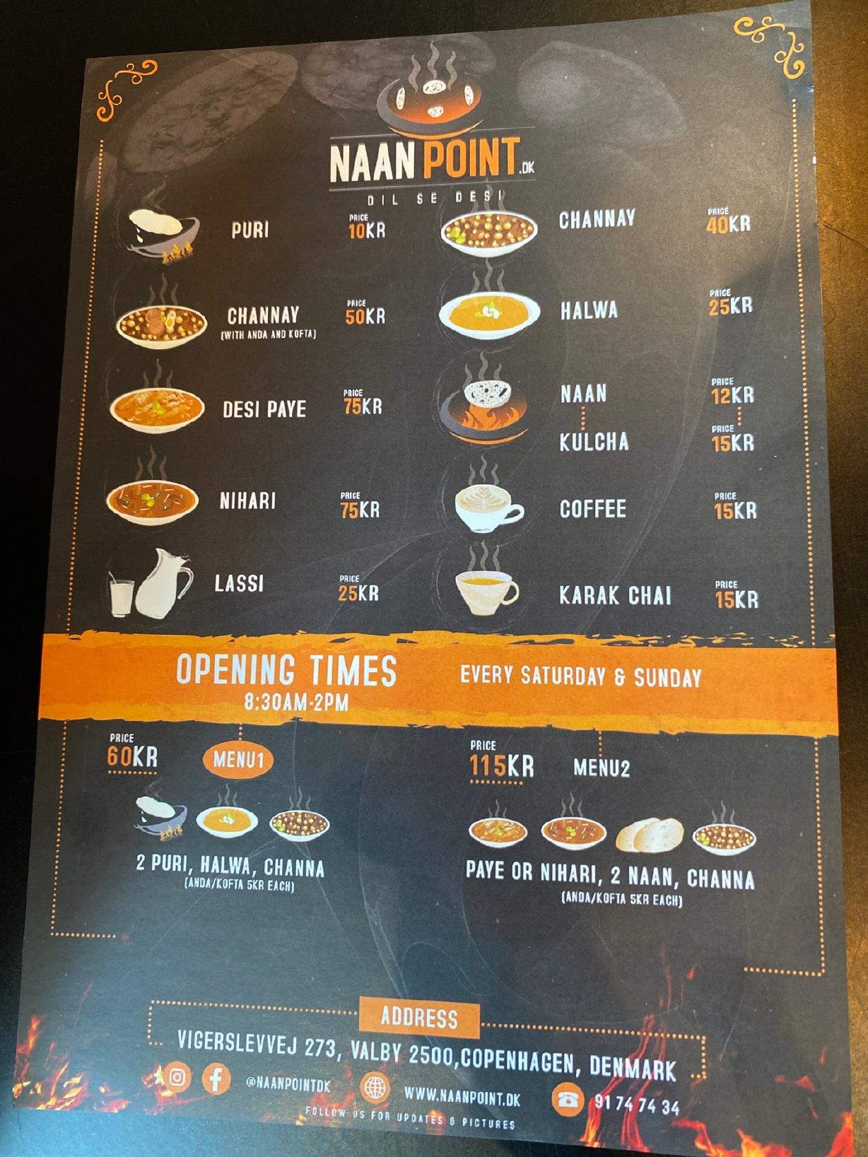 Menu at Naan Point restaurant, Copenhagen