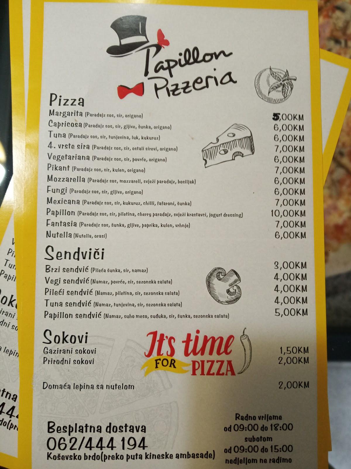 Menu at Papillon Pizzeria, Sarajevo