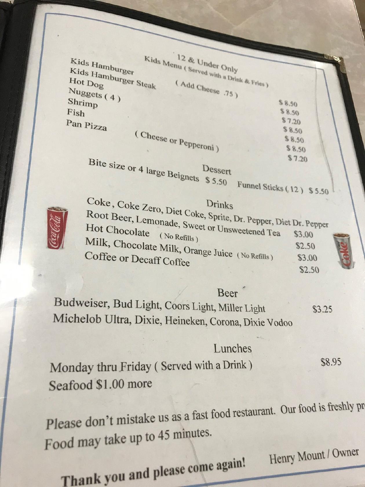 Menu at Starfish Restaurant, Grand Isle