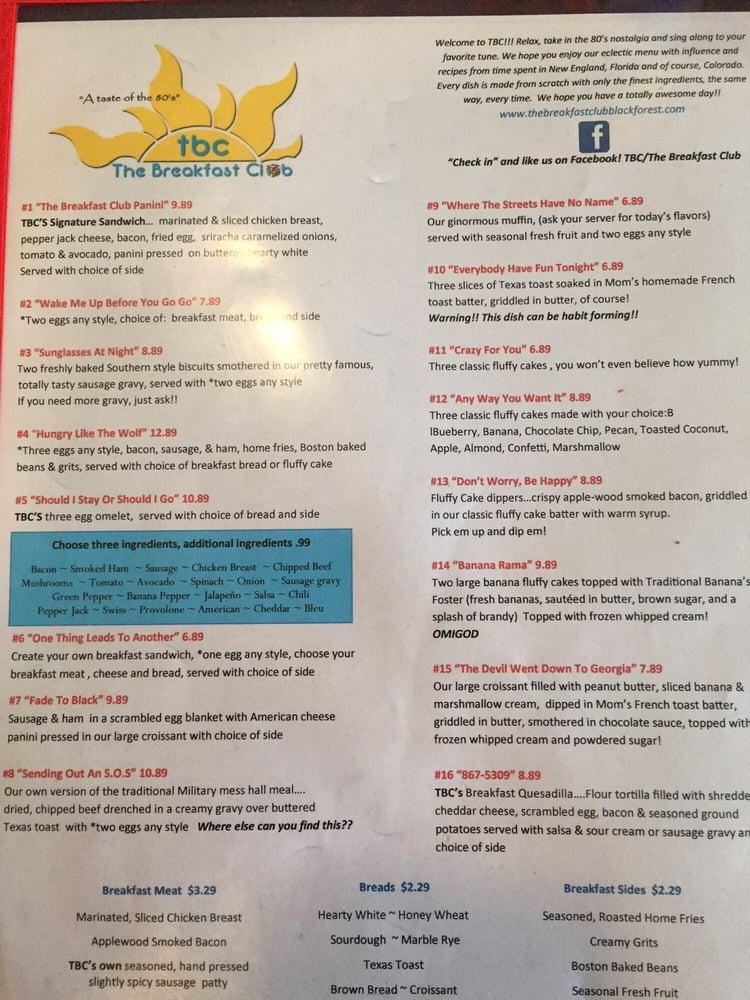 Menu at TBC - The Breakfast Club, Colorado Springs