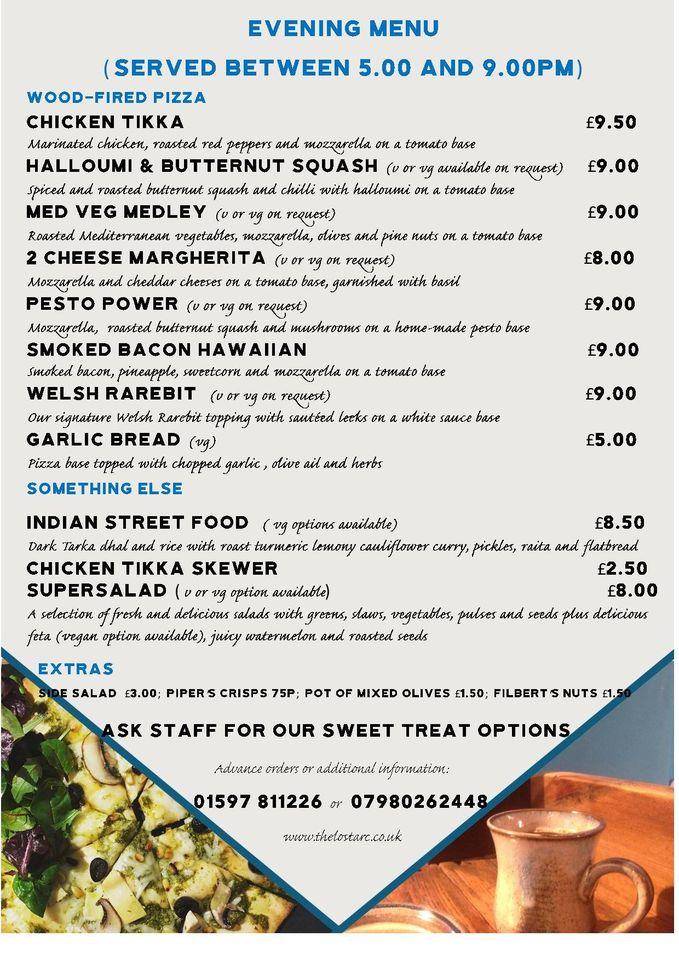 Carta del café The Lost ARC, Rhayader
