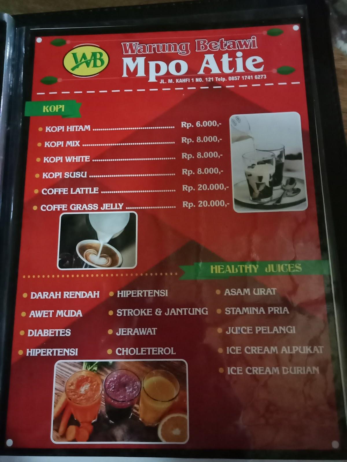 Menu at Warung Betawi Mpo Ati restaurant, South Jakarta