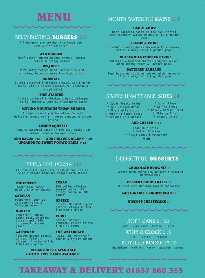 Menu at Wax Watergate Bay pub & bar, Newquay, Watergate Bay