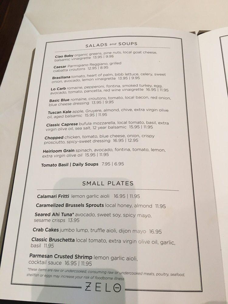 Menu at Zelo restaurant, Minneapolis