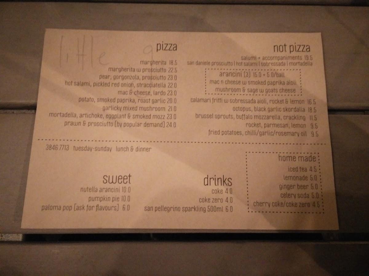 Menu at Little g restaurant, Brisbane City