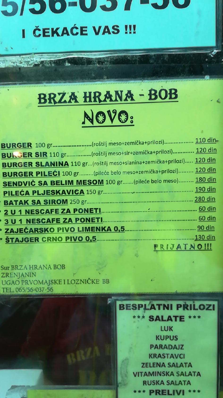 Menu at Bob restaurant, Zrenjanin